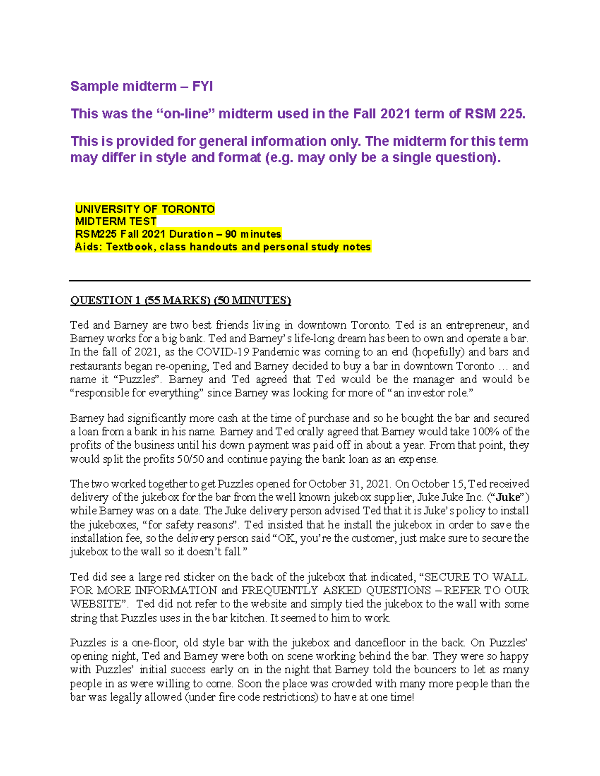 RSM 225 Sample Midterm - Sample midterm – FYI This was the “on-line ...