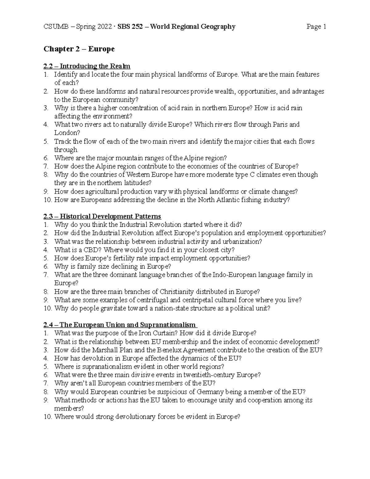 Ch 2 study questions - notes - CSUMB – Spring 2022 · SBS 252 – World ...