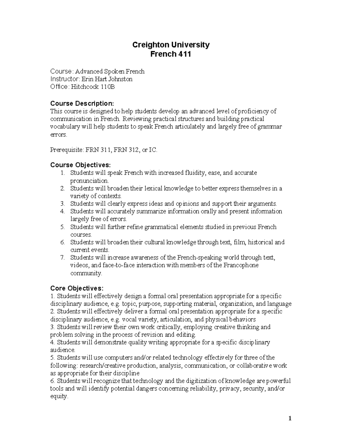 Frn411-v1u0r0-syllabus - Creighton University French 411 Course ...