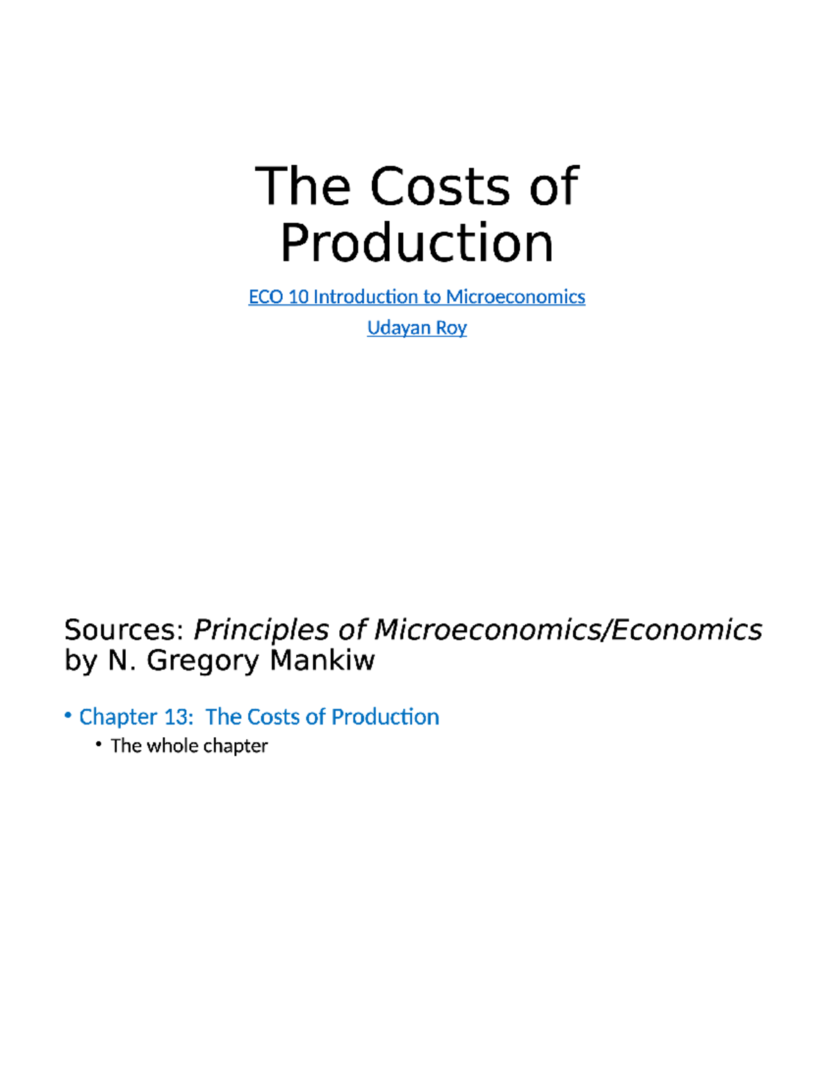 Costs of Production (Power Point Lecture Notes) - Introduction to ...