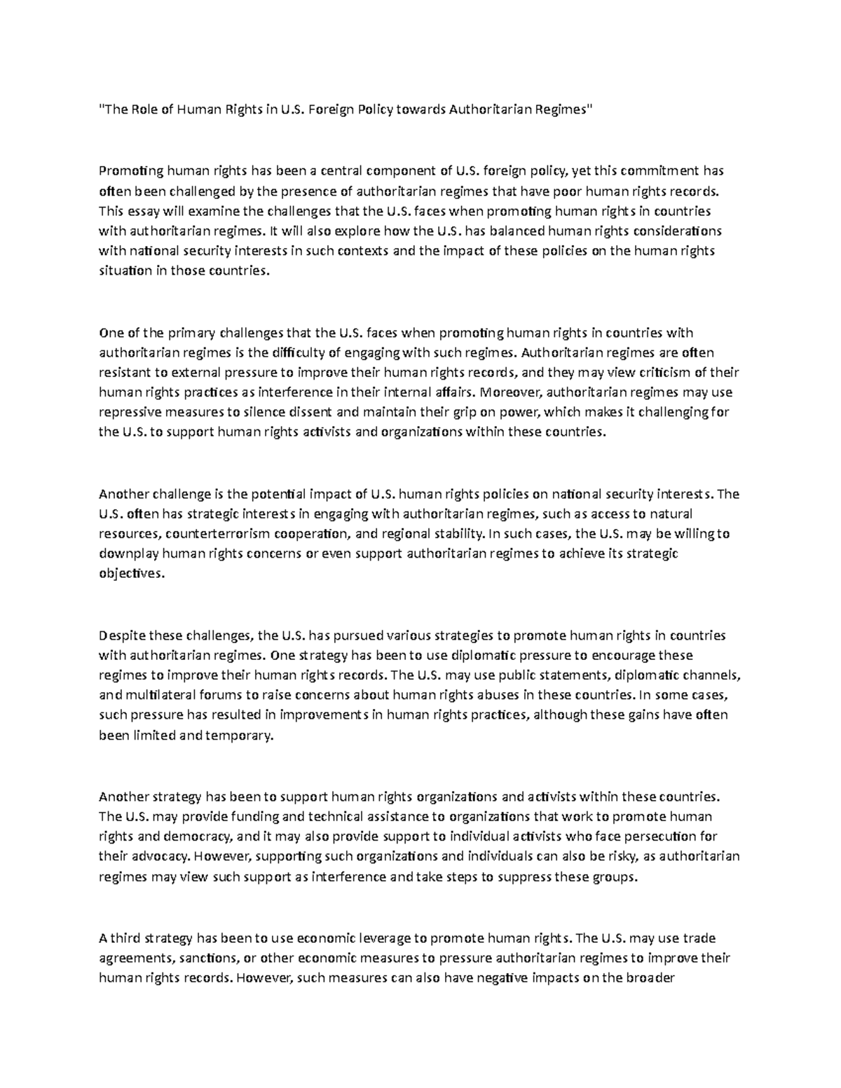 The Role of Human Rights in U - Foreign Policy towards Authoritarian ...