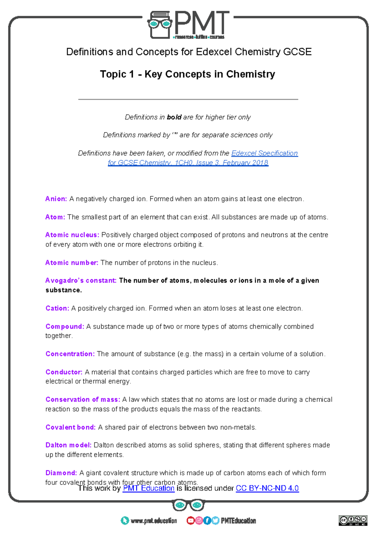 Definitions - Topic 1 Key Concepts in Chemistry - Edexcel Chemistry ...