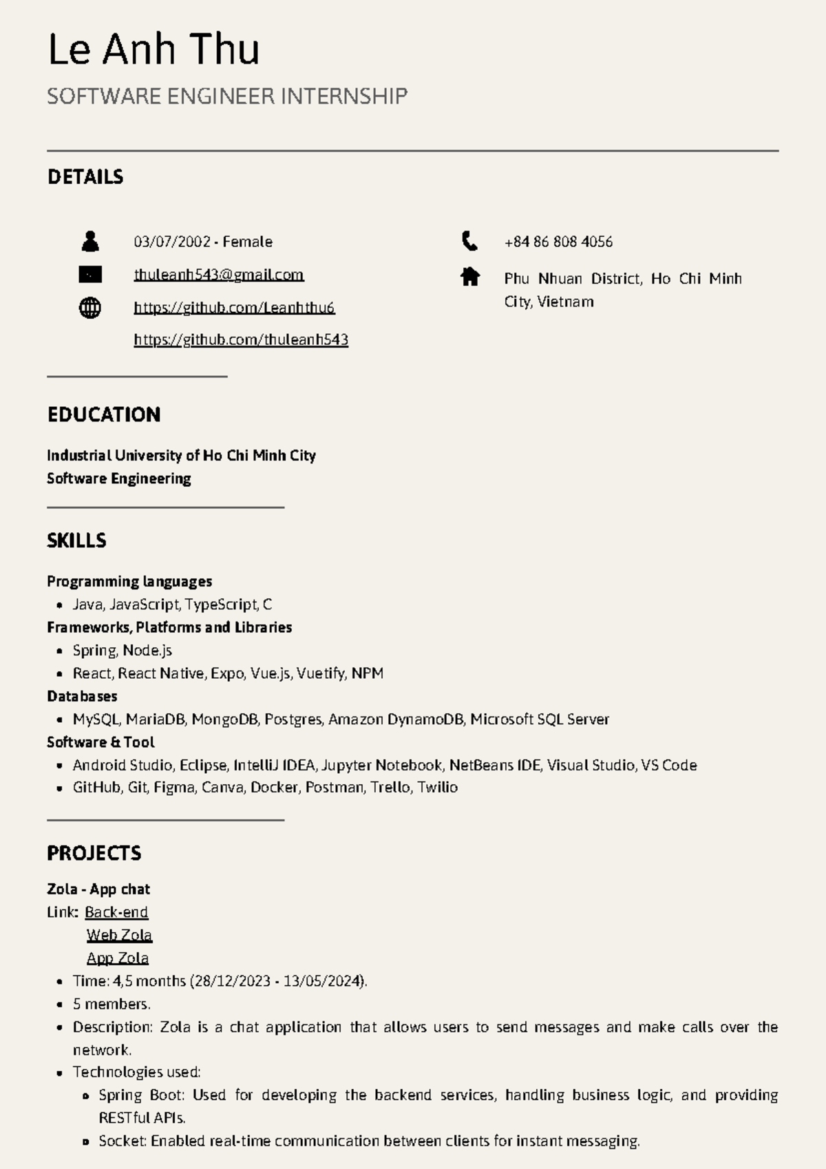Cv Intern Backend Java Thuleanh543gmail Githubthuleanh Githubleanhthu 84 86 808 4056 Phu