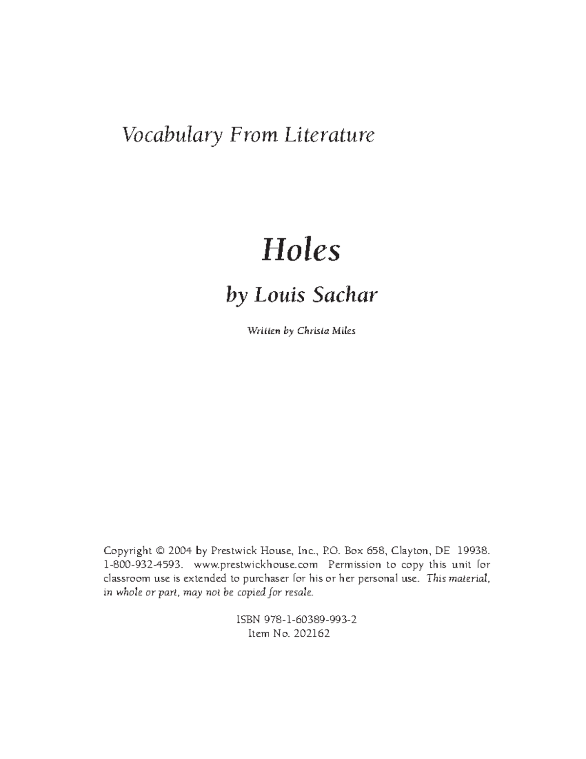 Holes Vocabulary by Chapter with Page Number - Holes by Louis Sachar ...