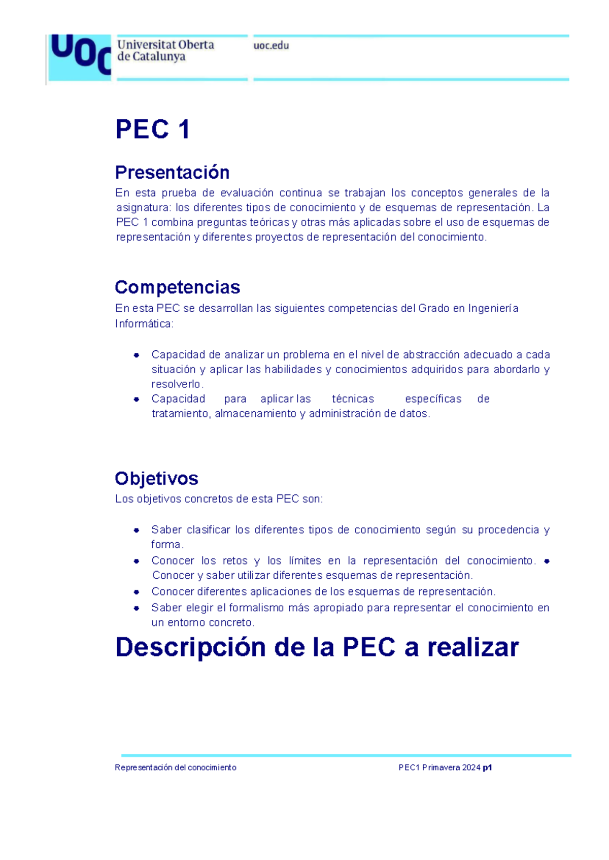 75581 2024 PEC1 - PEC 1 Presentación En esta prueba de evaluación continua se trabajan los ...