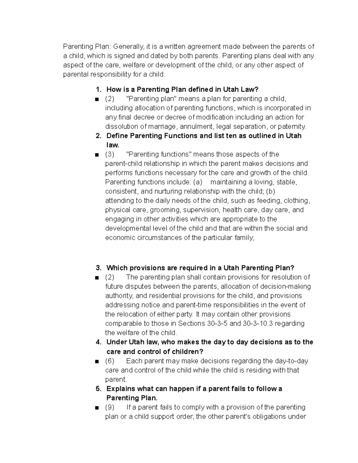 Ch 9 State Code Assignment Parenting Plans Parenting Plan Generally