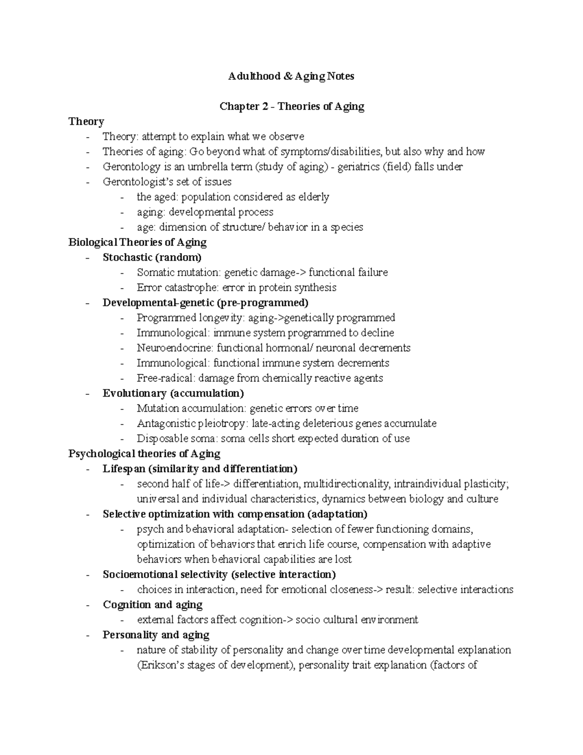 Adulthood and Aging Notes - Adulthood & Aging Notes Chapter 2 ...