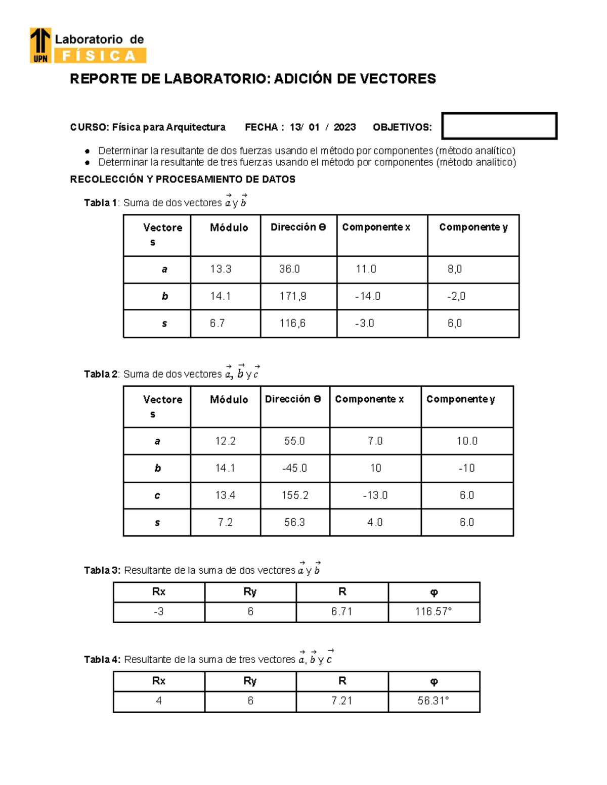 S2 Virtual Reporte Adicion DE Vectores - REPORTE DE LABORATORIO: ADICIÓN DE VECTORES CURSO ...