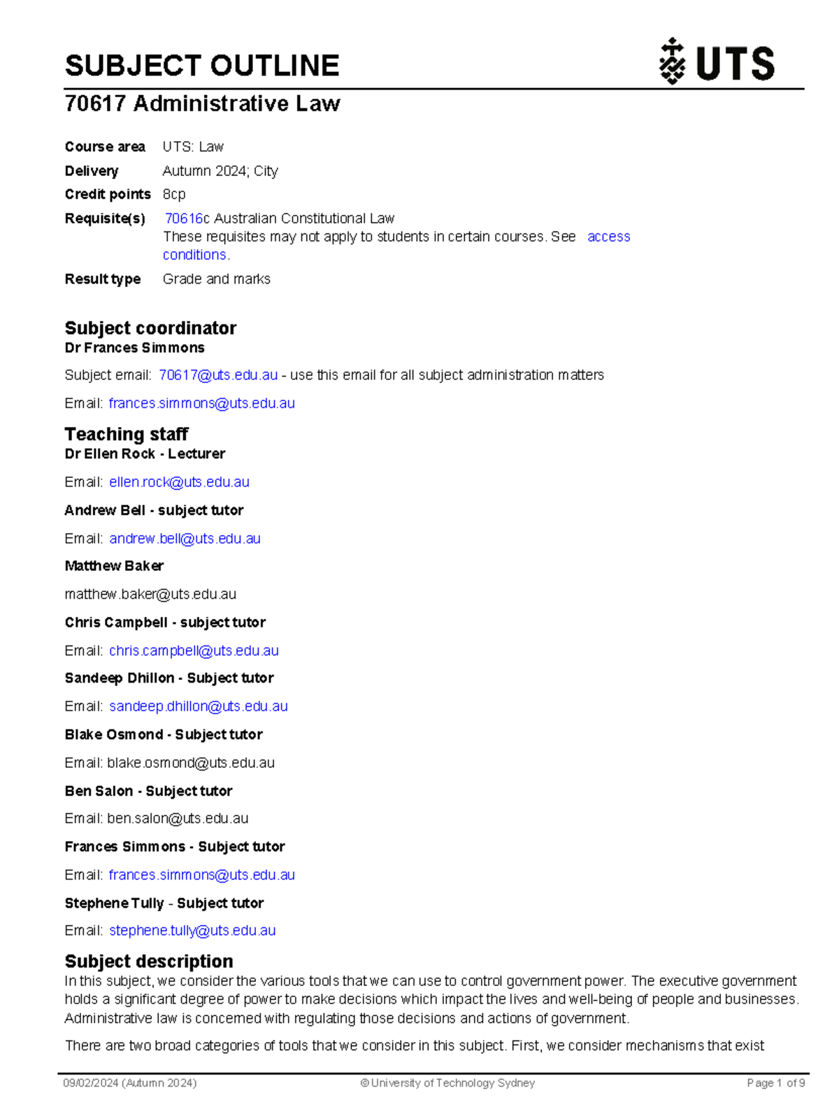 70617 - Subject Outline - SUBJECT OUTLINE 70617 Administrative Law ...