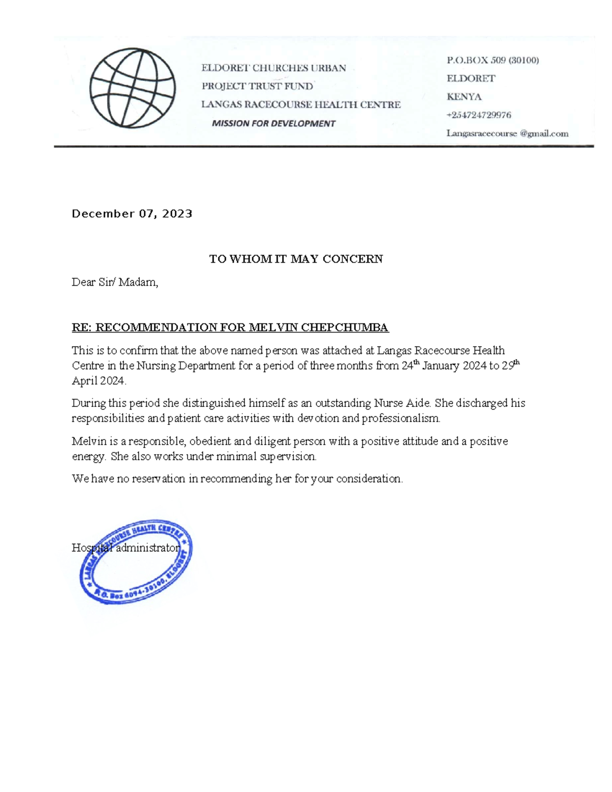 Melvin Recommendation Letter - December 07, 2023 TO WHOM IT MAY CONCERN ...