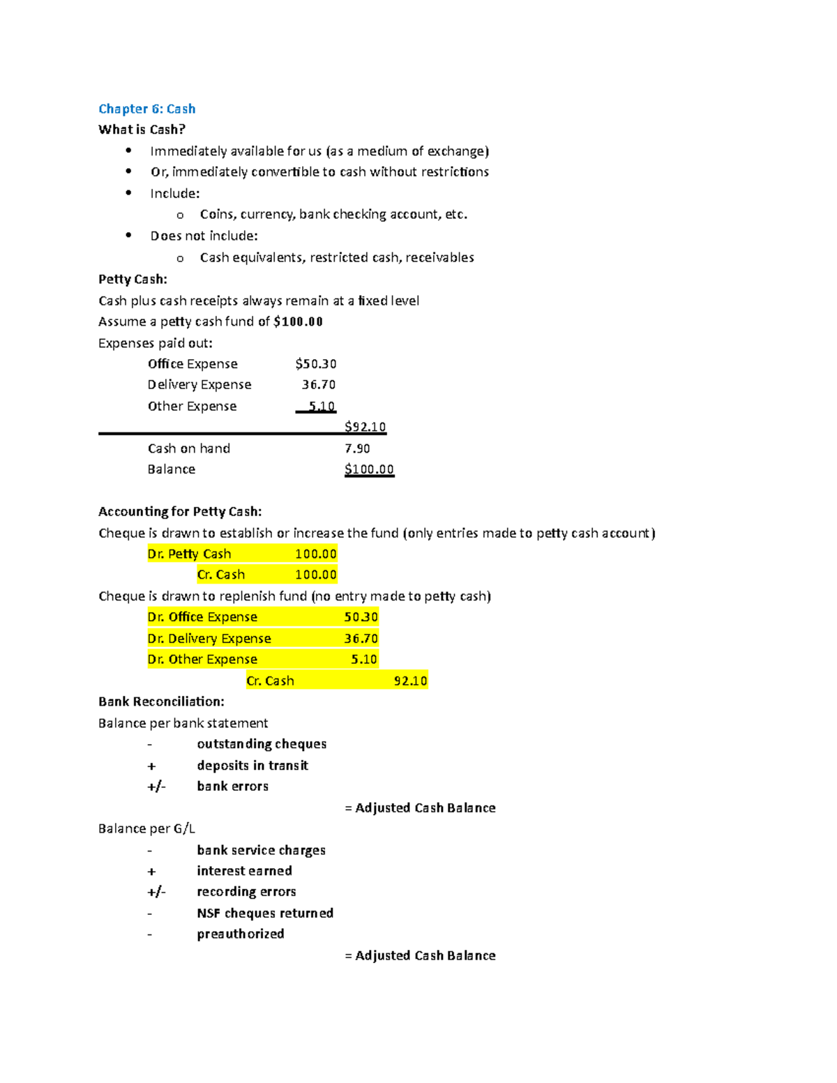 6&7- Cash and Receivables - Chapter 6: Cash What is Cash? Immediately ...