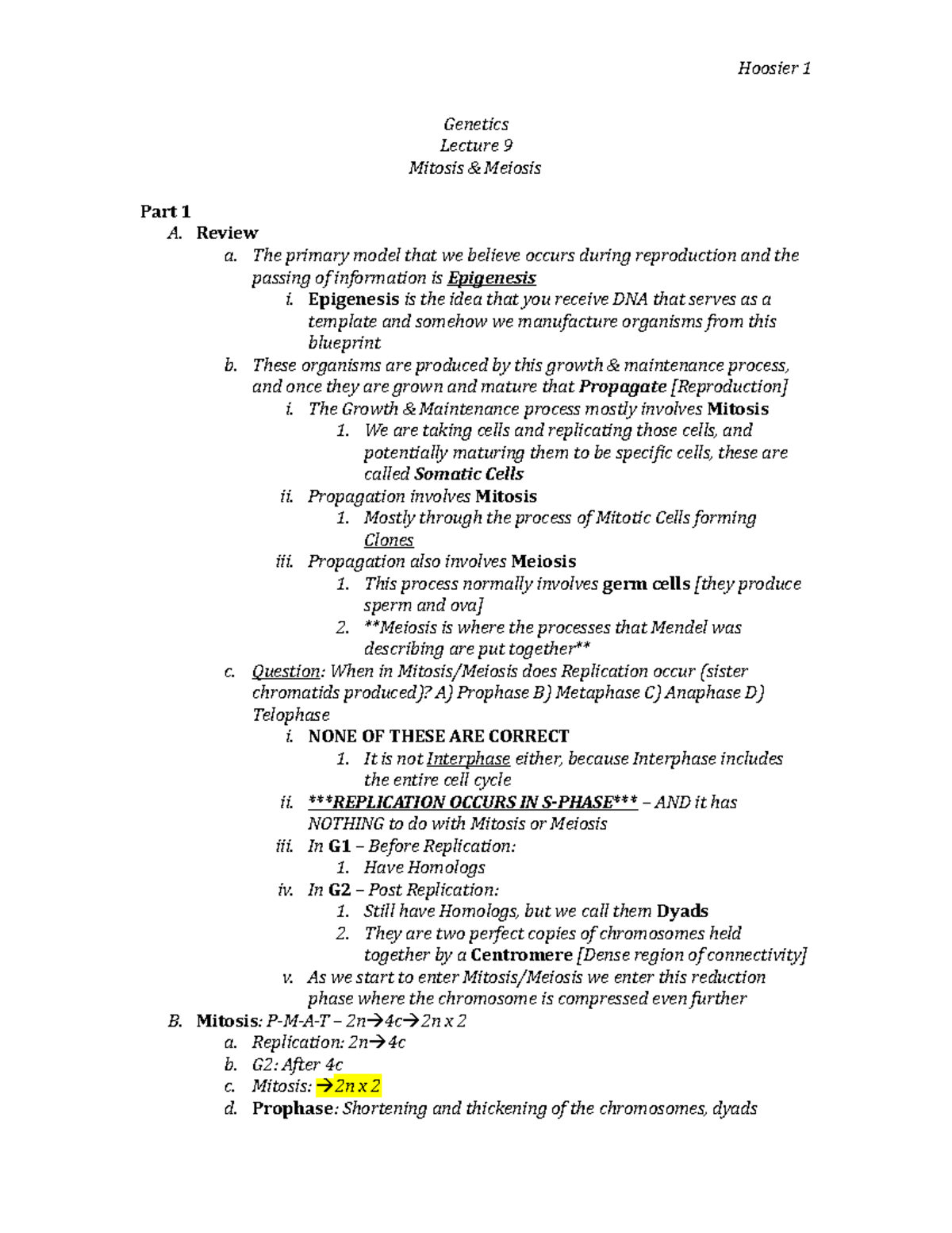 L9 – Mitosis & Meiosis - Notes for Lecture 9 - Genetics Lecture 9 ... L9 – Mitosis & Meiosis - Notes for Lecture 9 - Genetics Lecture 9 ...