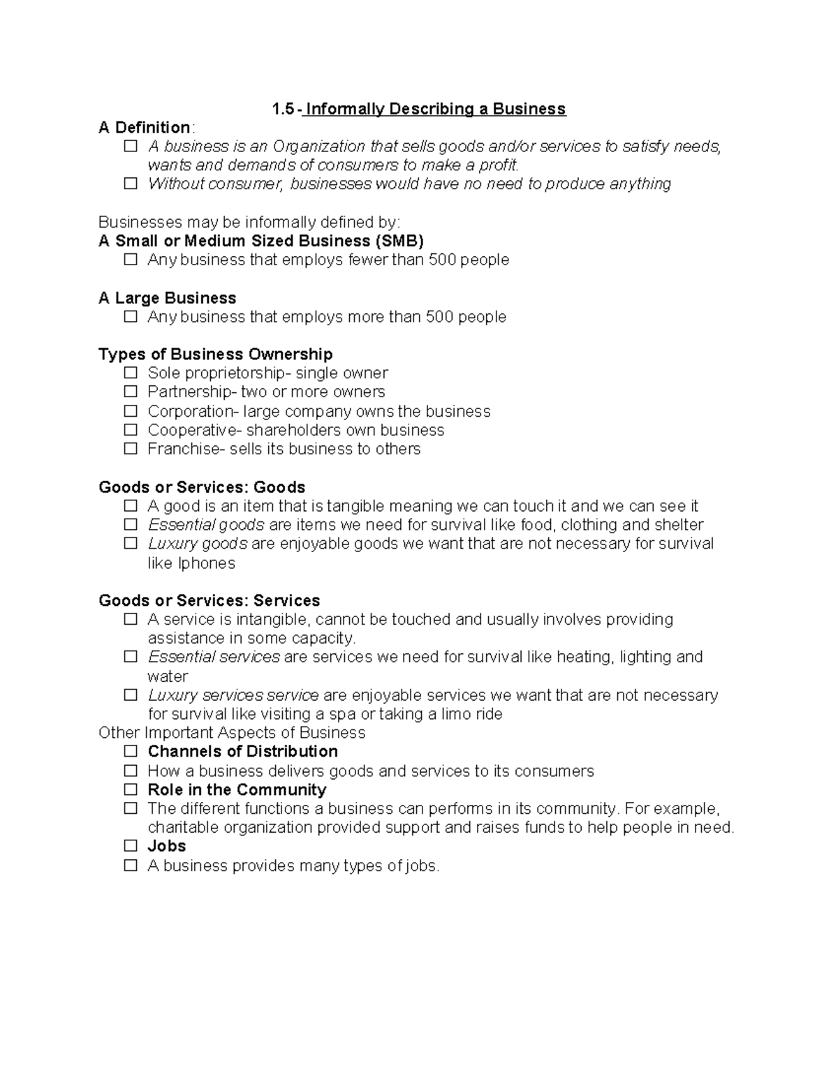 1.5- Describing a Business Guided note Note - 1 - Informally Describing ...