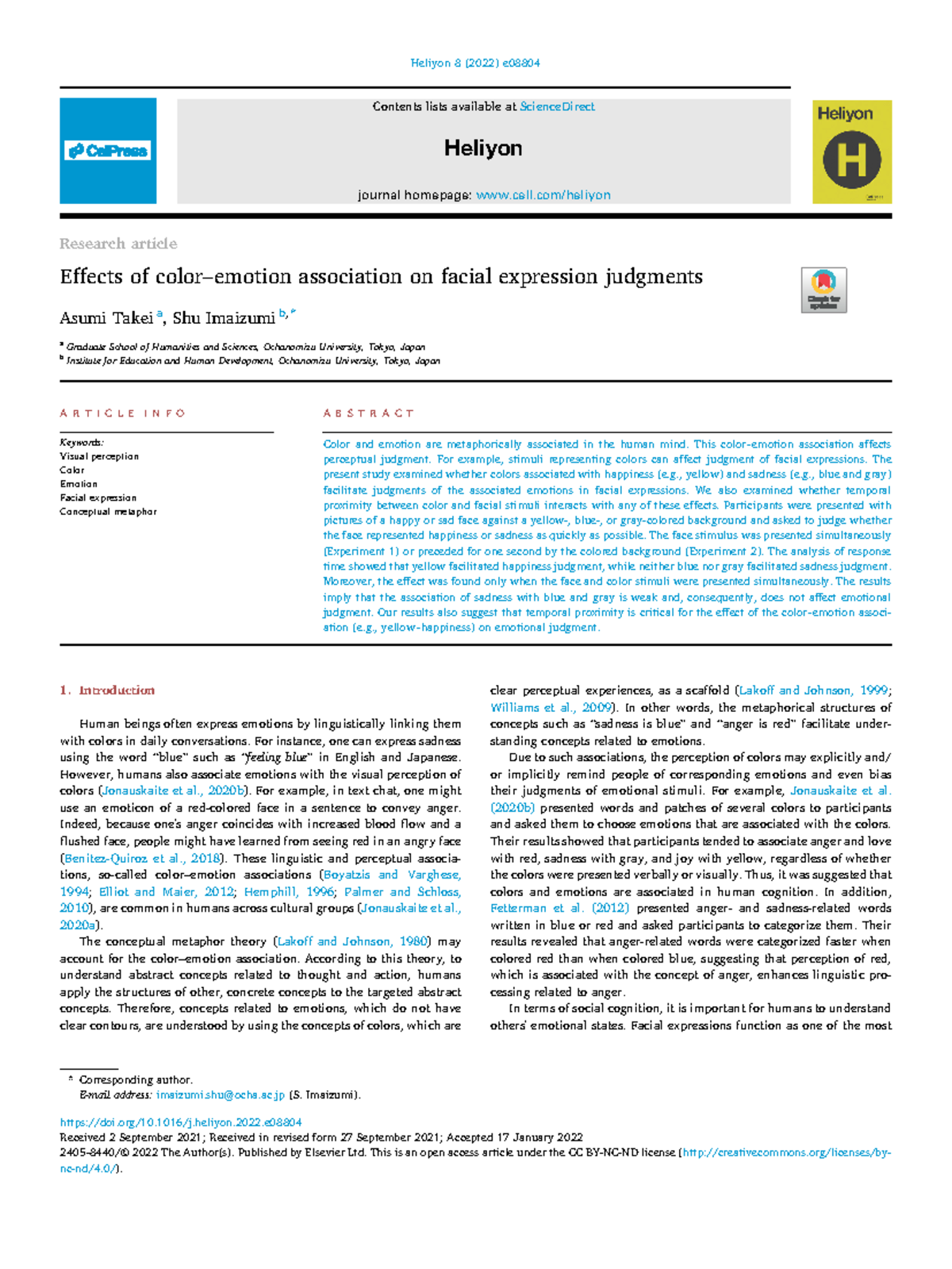 Effects of color–emotion association on facial expression judgments ...