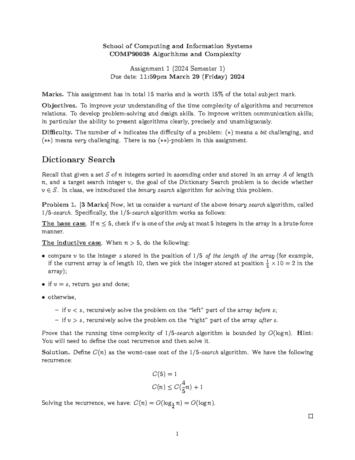 Assignment 1-solutions - School of Computing and Information Systems COMP90038 Algorithms and ...