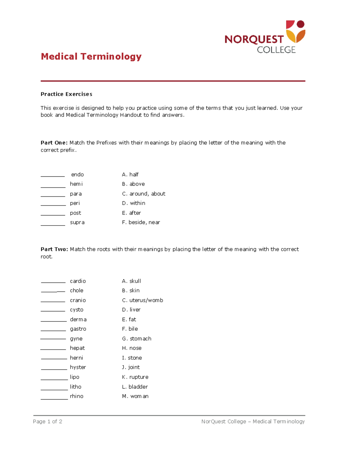 Med Ical Terminology Activity - Medical Terminology Practice Exercises ...