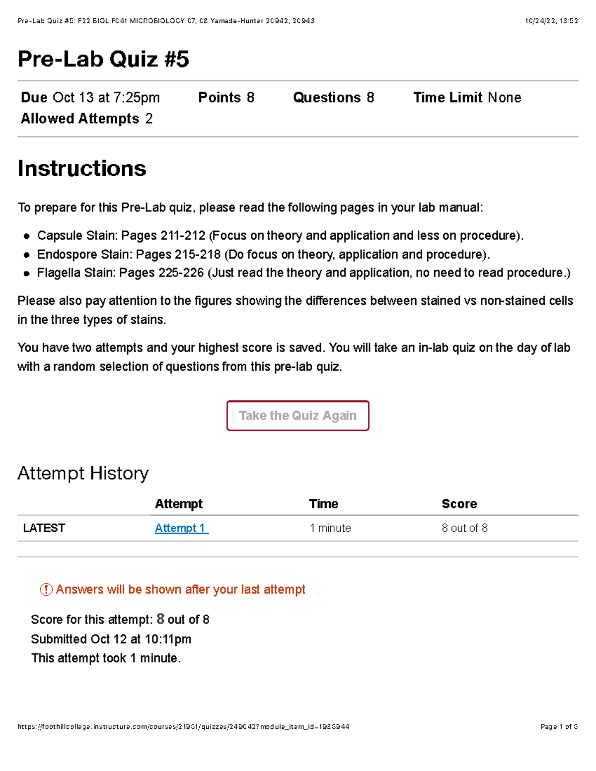 Pre-Lab Quiz #5 - Pre-Lab Quiz Due Oct 13 at 7:25pm Points 8 Questions ...
