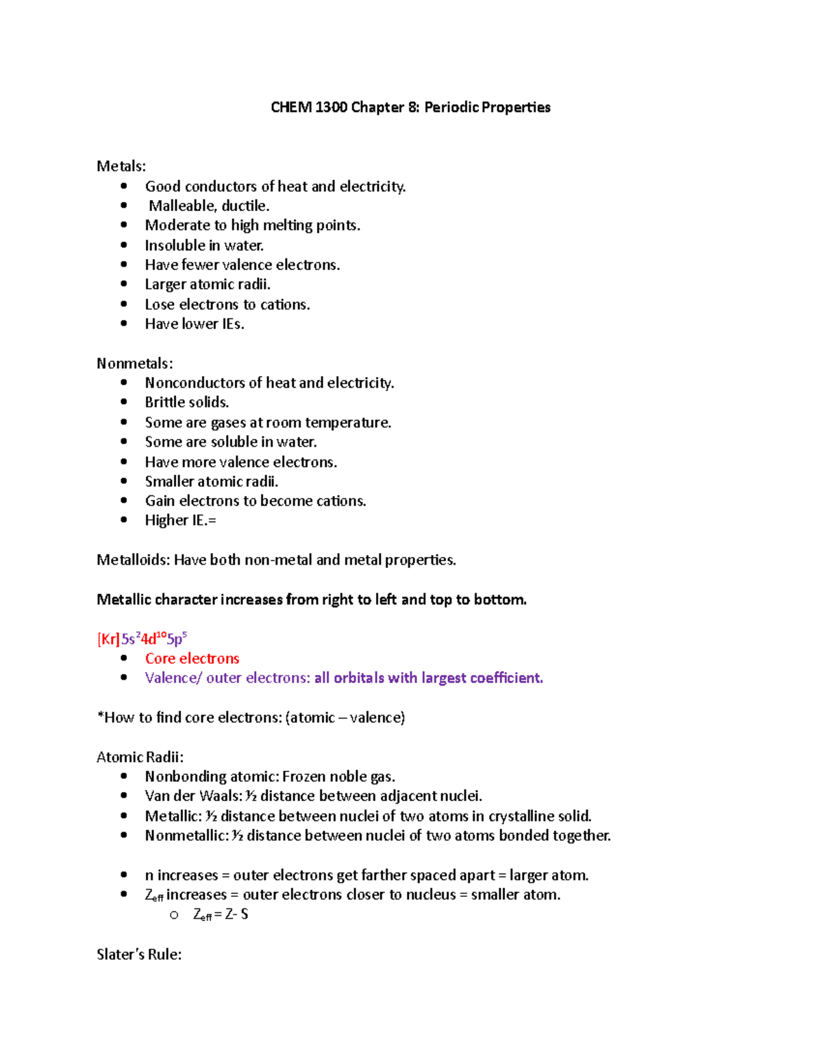 8- CHEM 1300 Notes - CHEM 1300 Chapter 8: Periodic Properties Metals ...