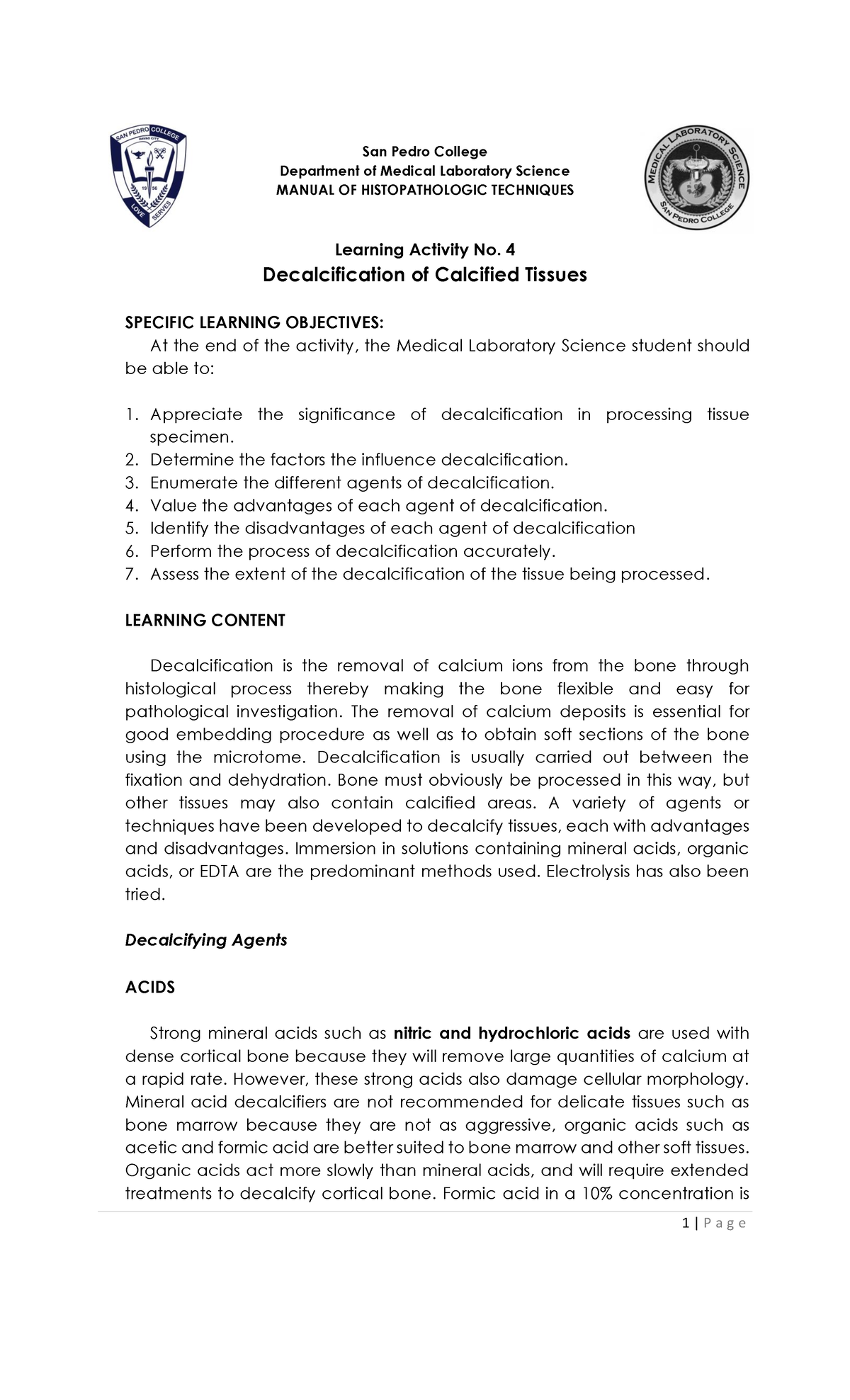 Act. 4 Decalcification of Calcified Tissues - San Pedro College ...