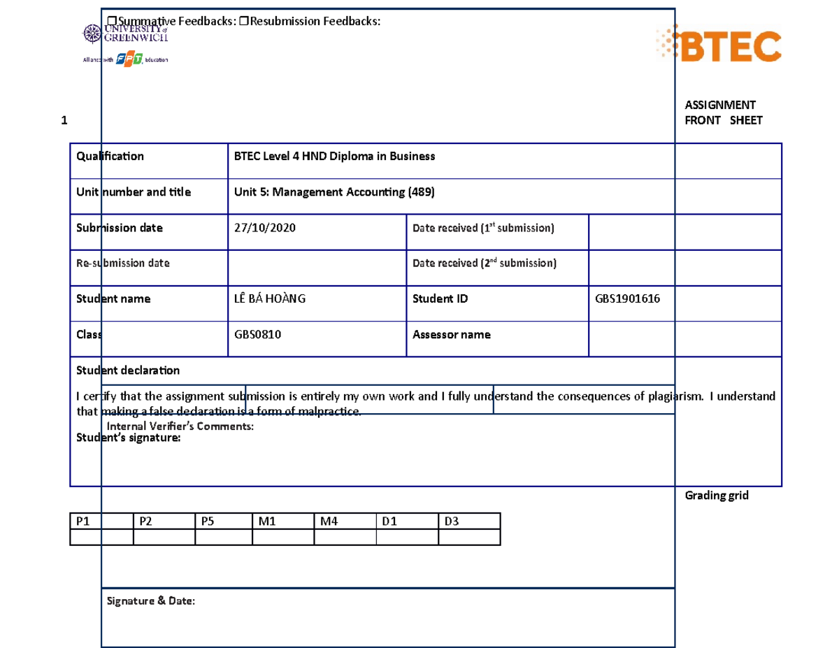 489 Assignment 1 Frontsheet - ASSIGNMENT 1 FRONT SHEET Qualification BTEC Level 4 HND Diploma in ...
