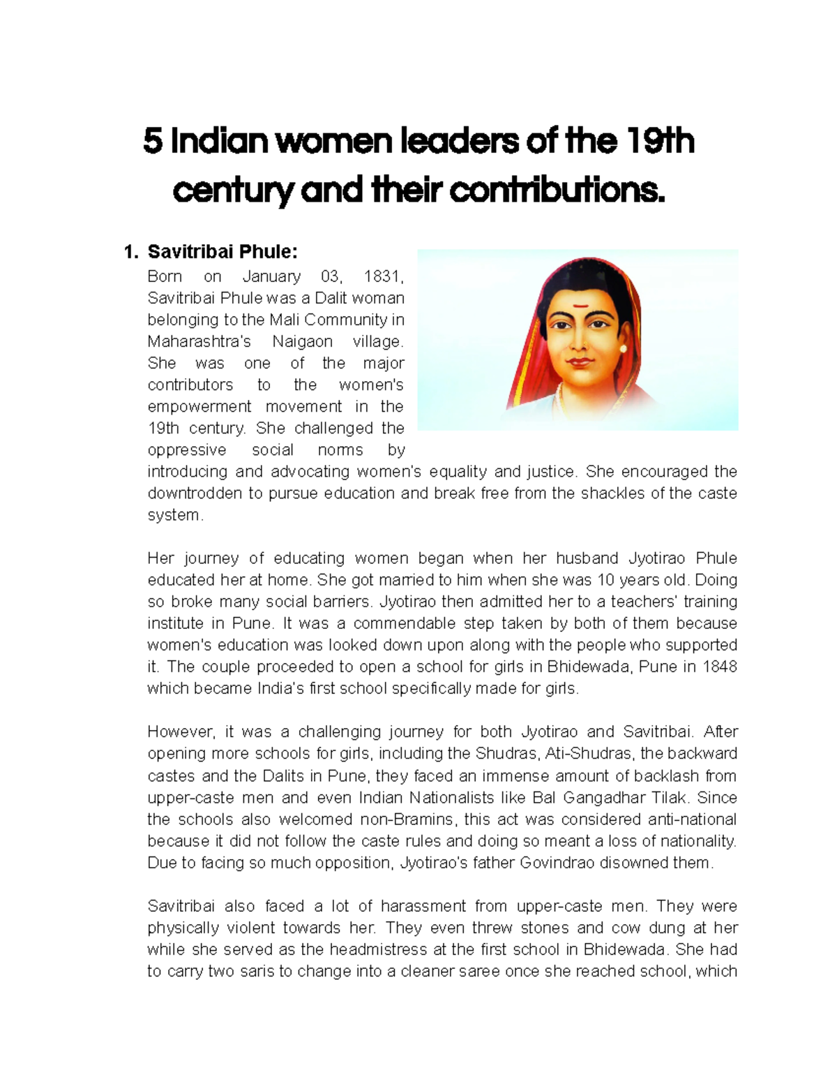 GE- English Assignment - 5 Indian women leaders of the 19th century and ...