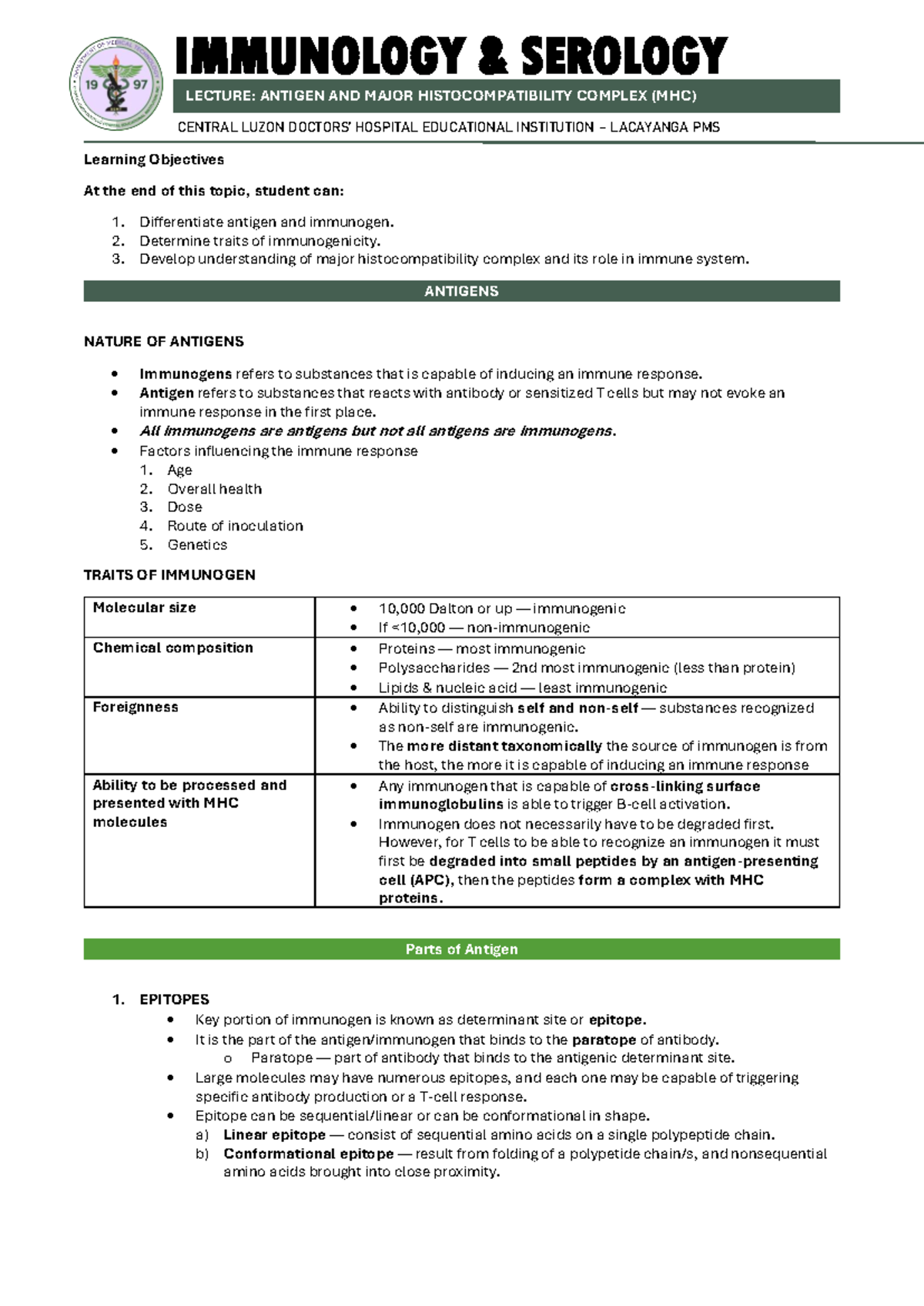 Immuno SERO 4 - IMMUNOLOGY & SEROLOGY LECTURE: ANTIGEN AND MAJOR HISTOCOMPATIBILITY COMPLEX ...
