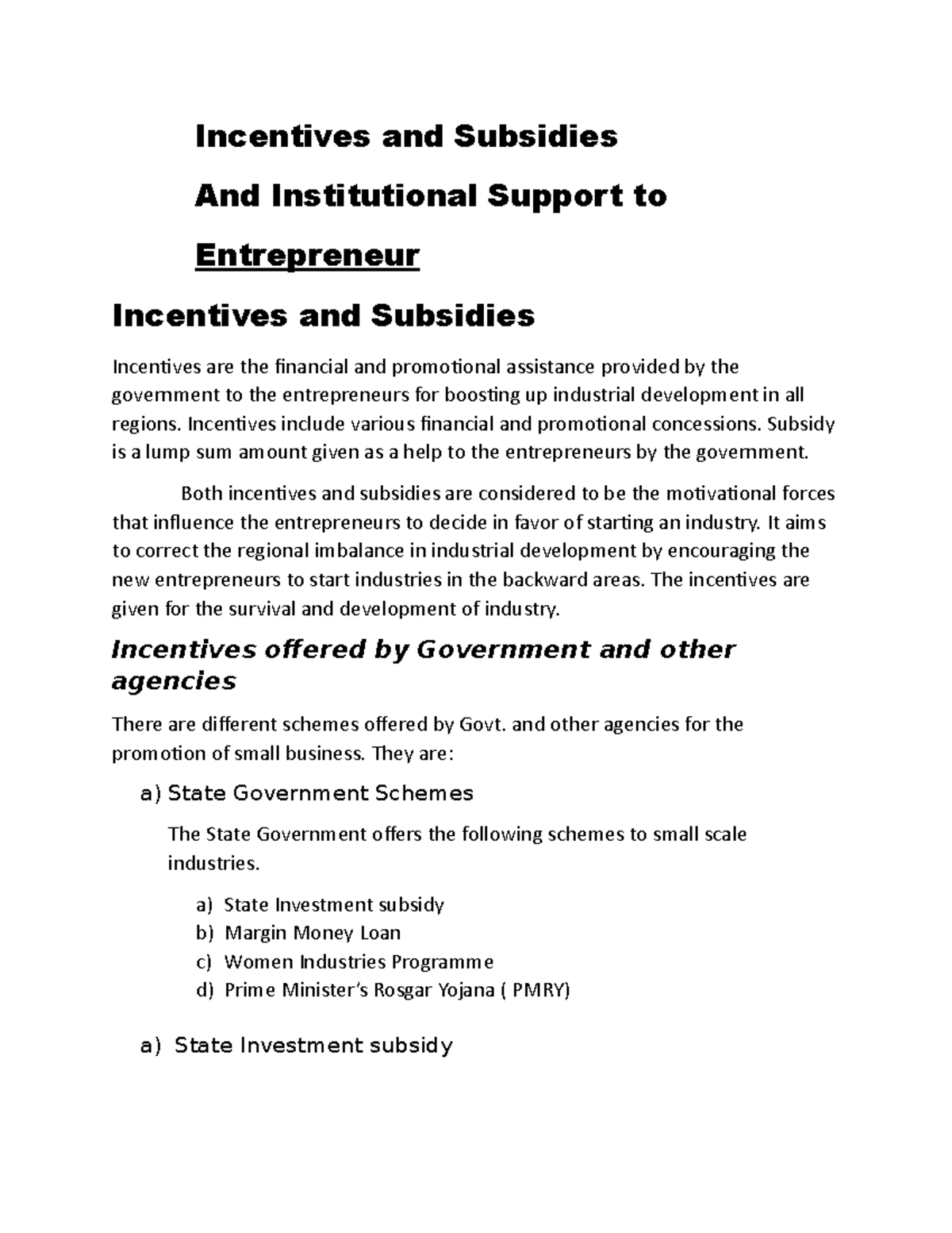 Insentives and subsidies note - Business Statistics and Basic Numerical ...