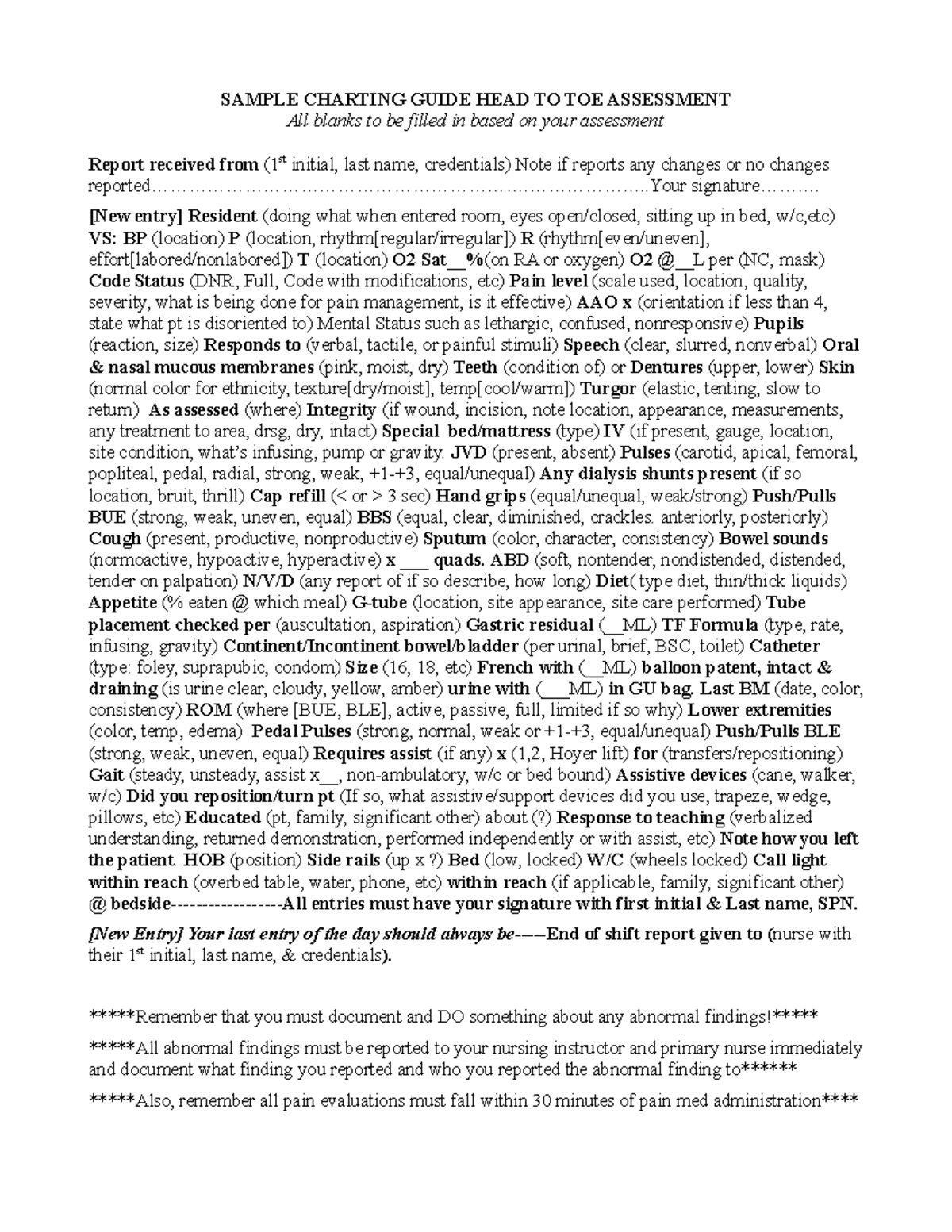 Head to toe assessment fill in temple - SAMPLE CHARTING GUIDE HEAD TO ...