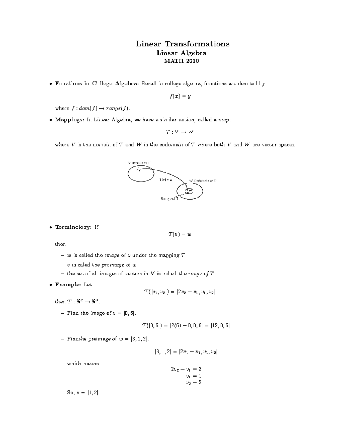 Linear Transformations - Linear Transformations Linear Algebra MATH 2010 Functions in College ...