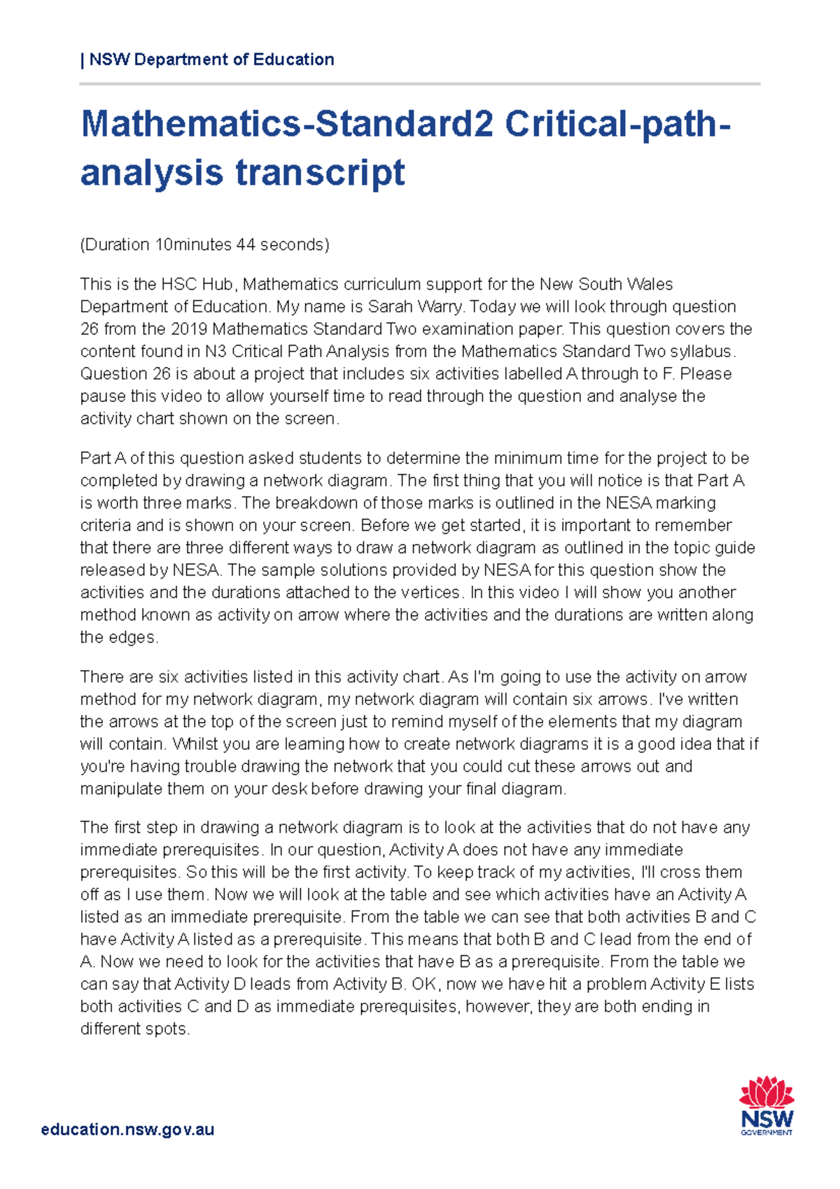 Mathematics standard 2 critical path analysis s6 transcript - | NSW Department of Education ...