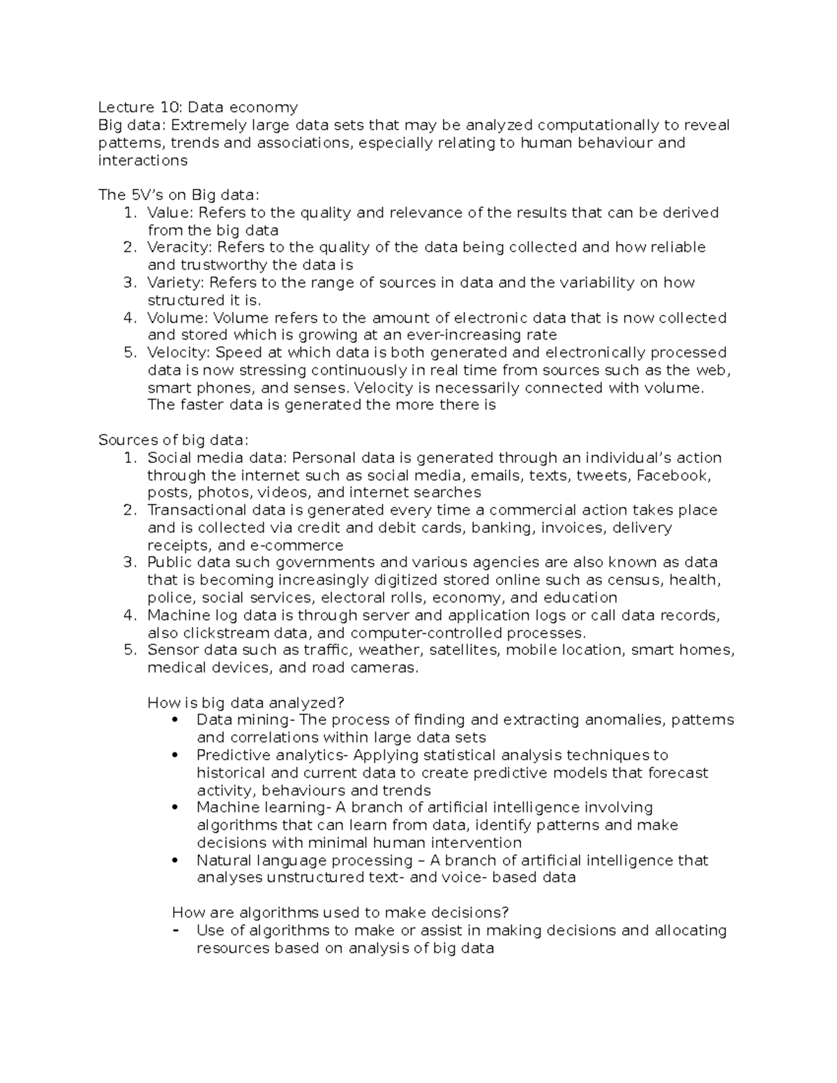 Lecture notes week 10 - Lecture 10: Data economy Big data: Extremely ...