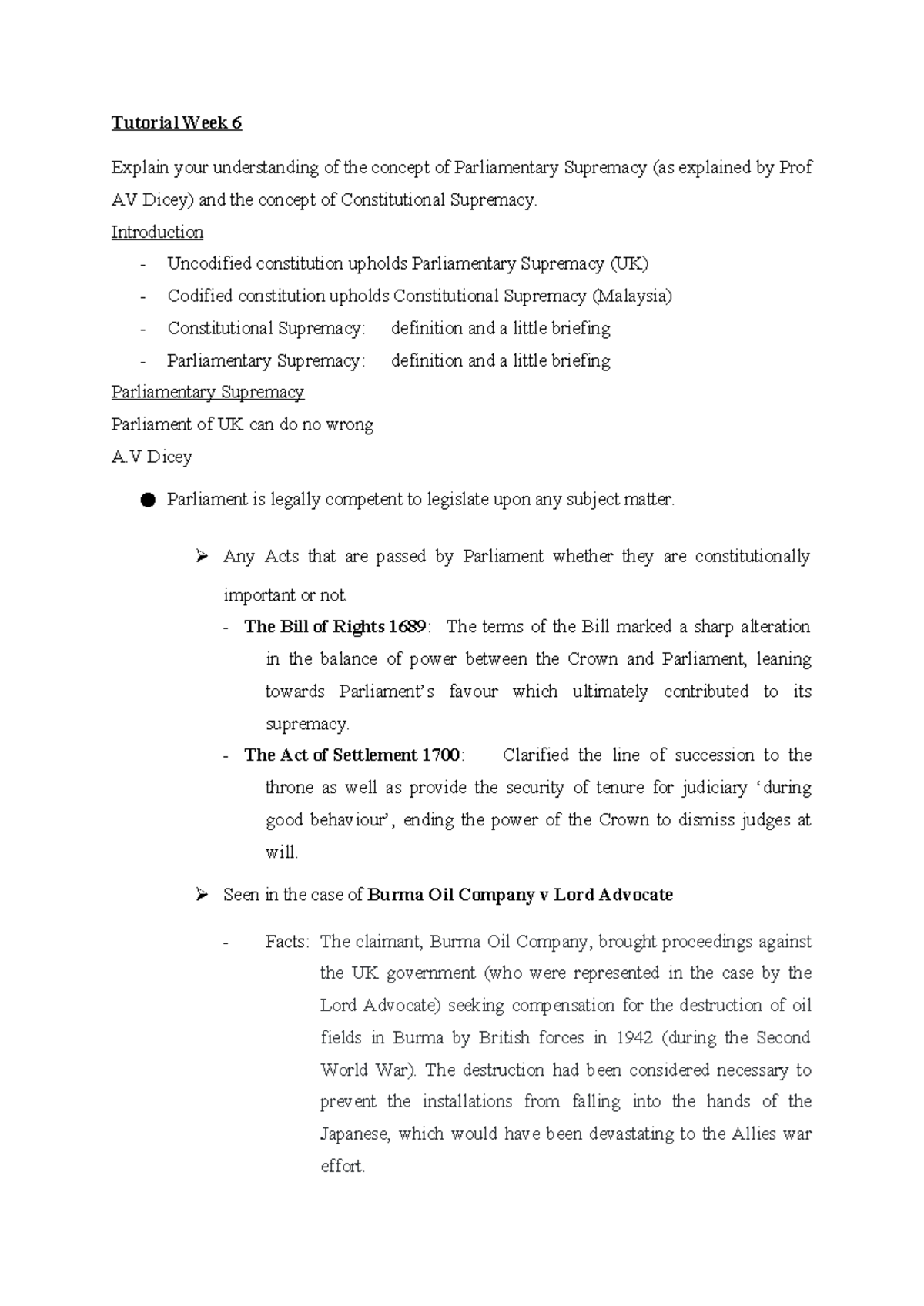 Parliamentary and Constitutional Supremacy - Tutorial Week 6 Explain your understanding of the ...