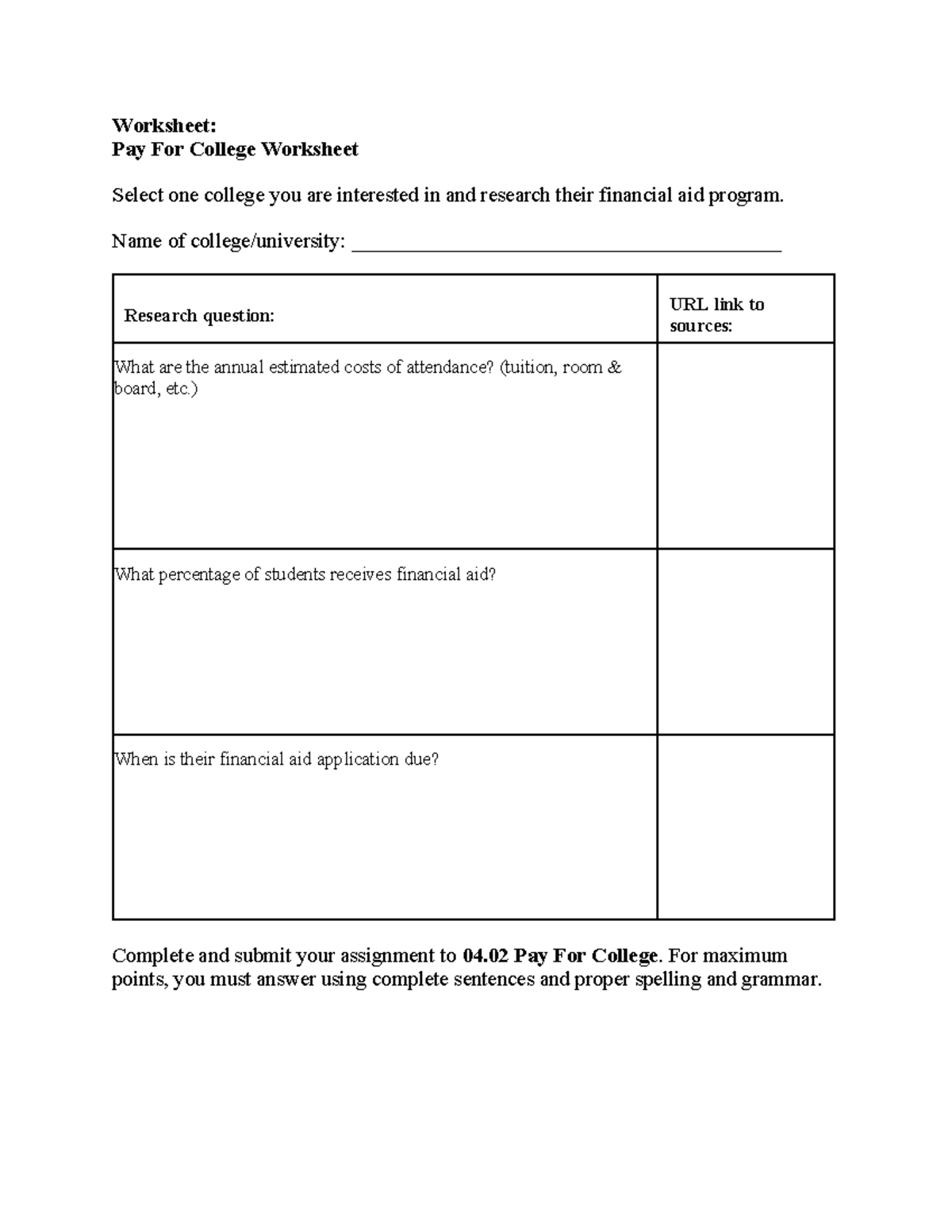 04 02 08 - sfksbfsfksfs - Worksheet: Pay For College Worksheet Select ...