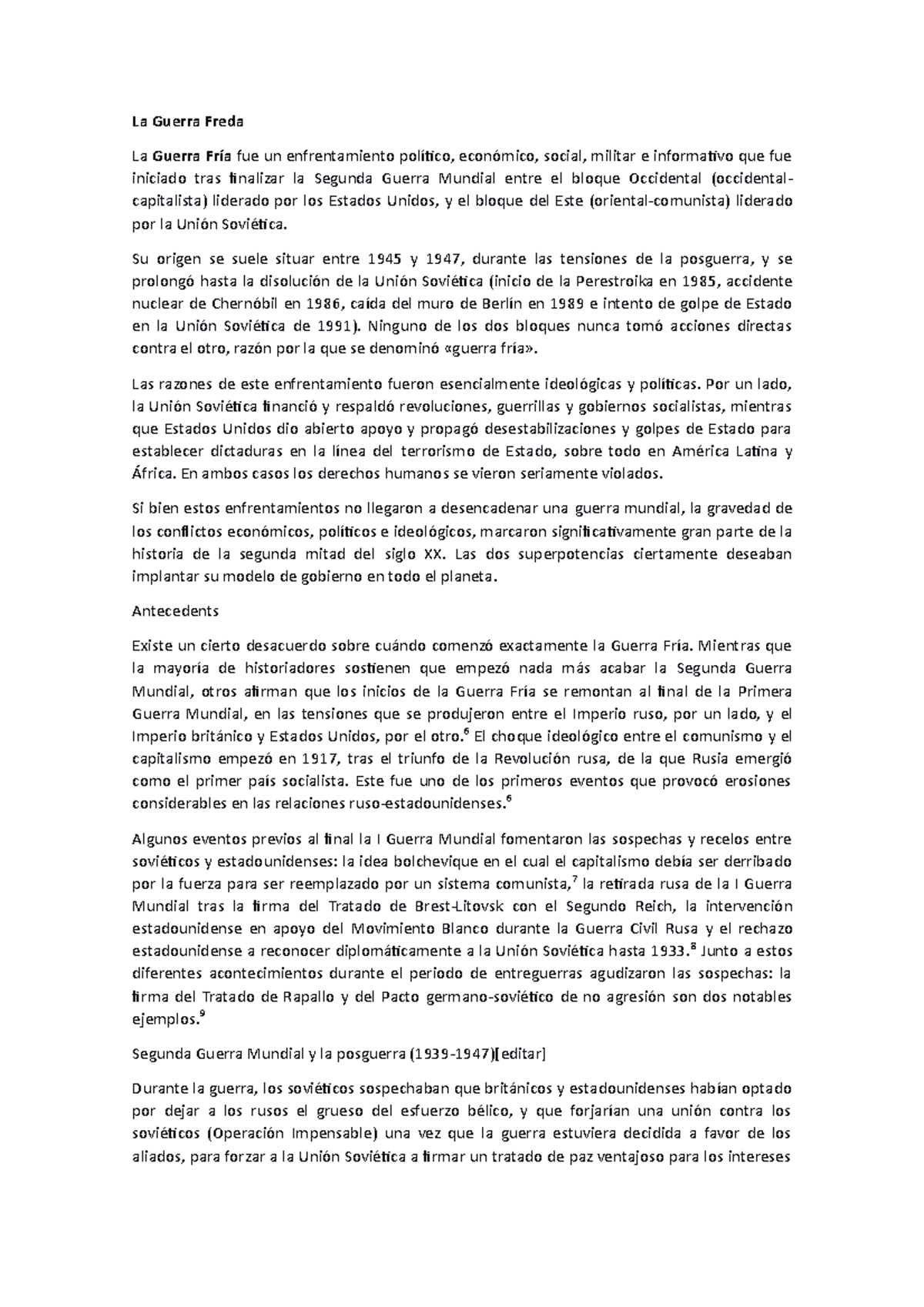 Guerra freda - apunts historia - La Guerra Freda La Guerra Fría fue un ...