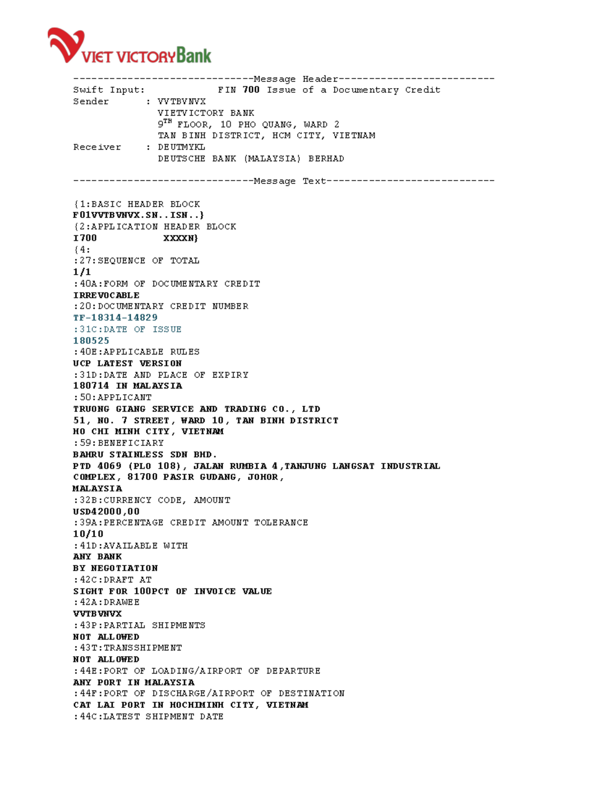 4. MT700 - Bài tập cuối kỳ -Message Header- Swift Input: FIN 700 Issue ...
