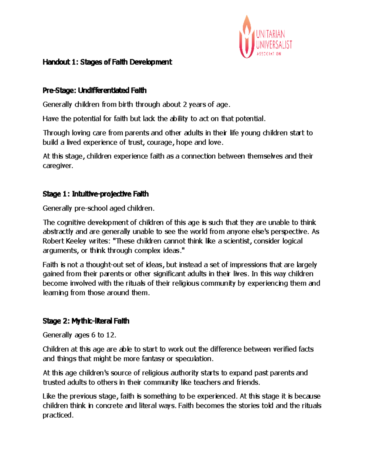 Stages of faith development - Handout 1 : Stages of Faith Development ...