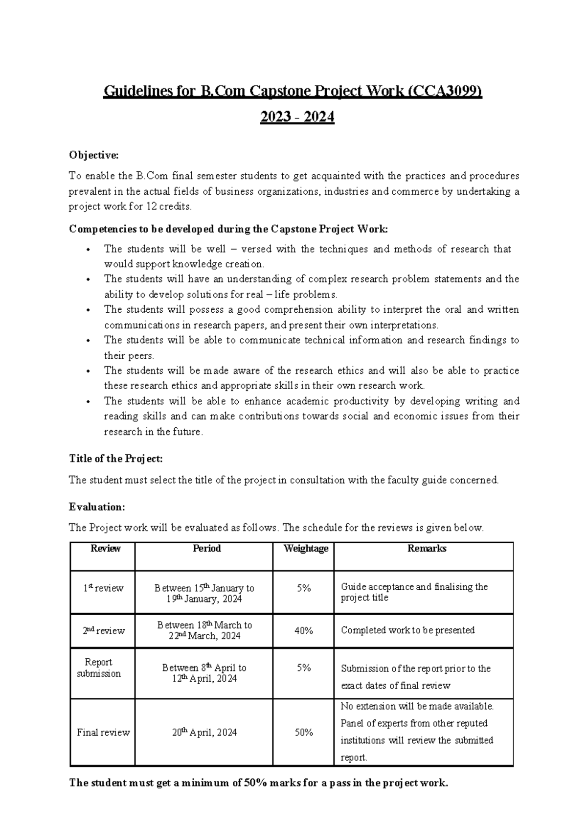 DOC-20240302-WA0041^ - Guidelines for B Capstone Project Work (CCA3099) 2023 - 2024 Objective ...