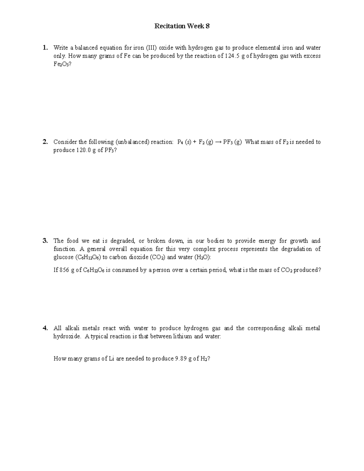 Recitation Week 8 - Write a balanced equation for iron (III) oxide with ...
