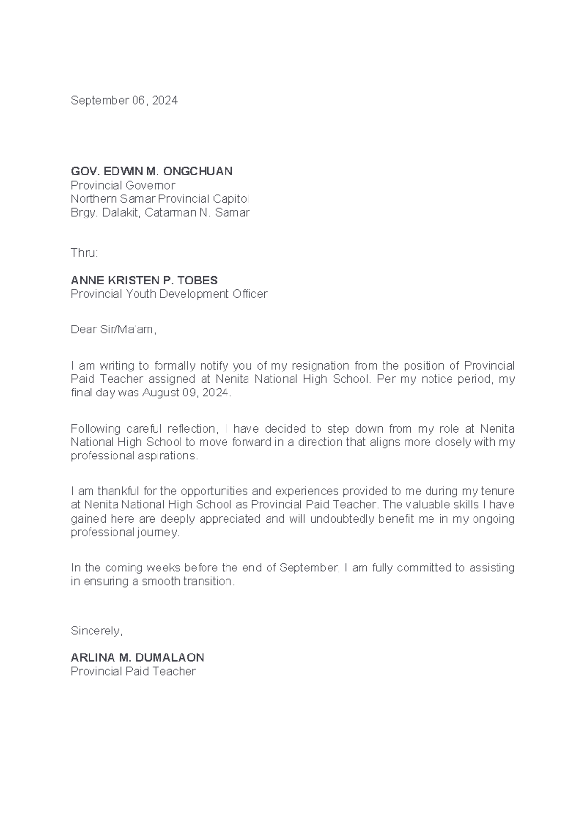 Resignation Letter PPT - September 06, 2024 GOV. EDWIN M. ONGCHUAN ...