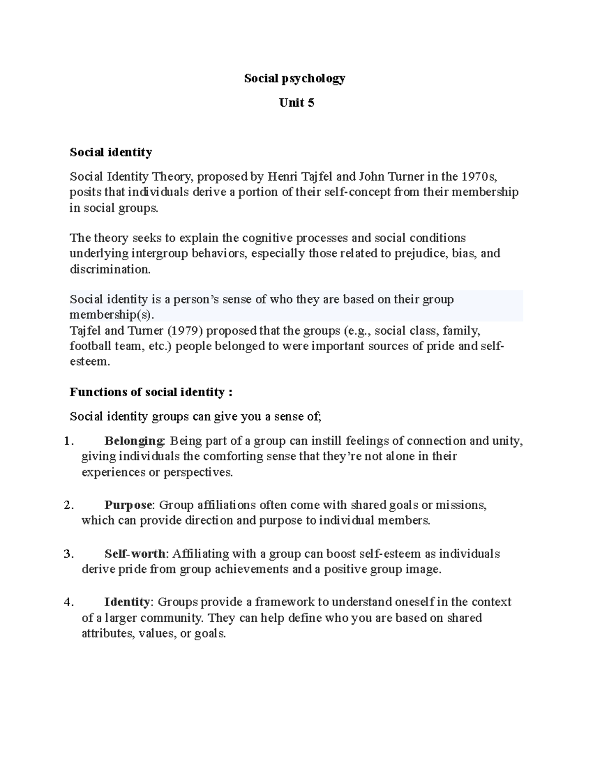 Social Identity and Cognition - Social psychology Unit 5 Social ...