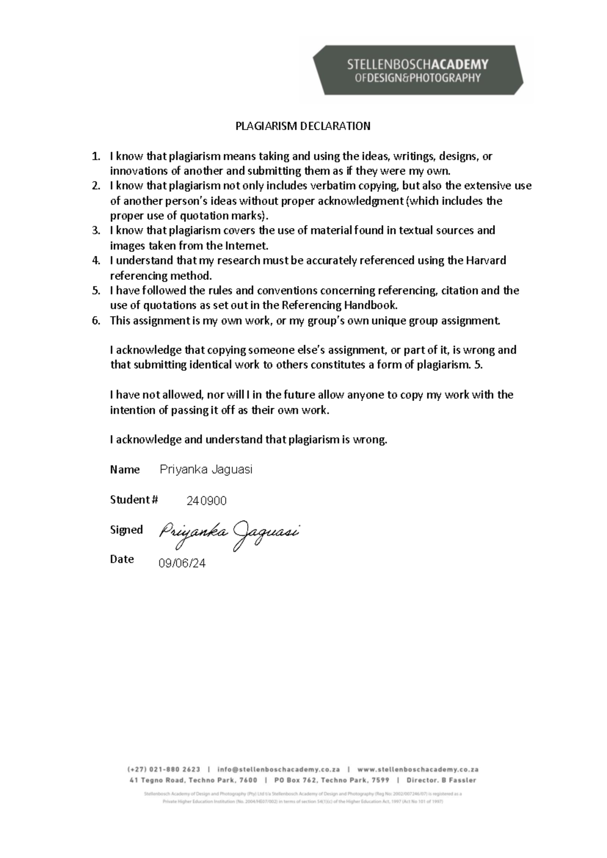 2024 Plagiarism Declaration - PLAGIARISM DECLARATION I know that ...