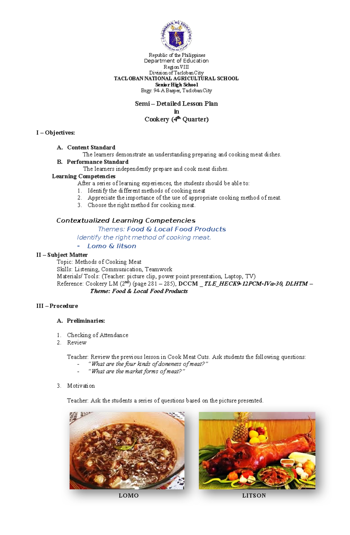 4TH COT(june 2023) MEAT Method Cooking - Republic of the Philippines ...