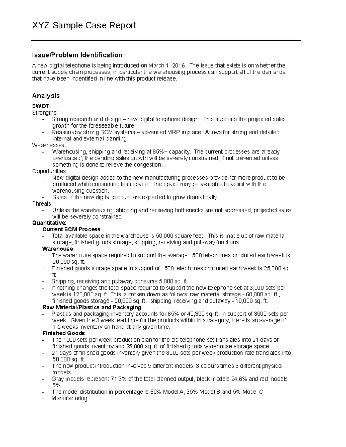 XYZ Sample Case Report 2018 - XYZ Sample Case Report Issue/Problem ...