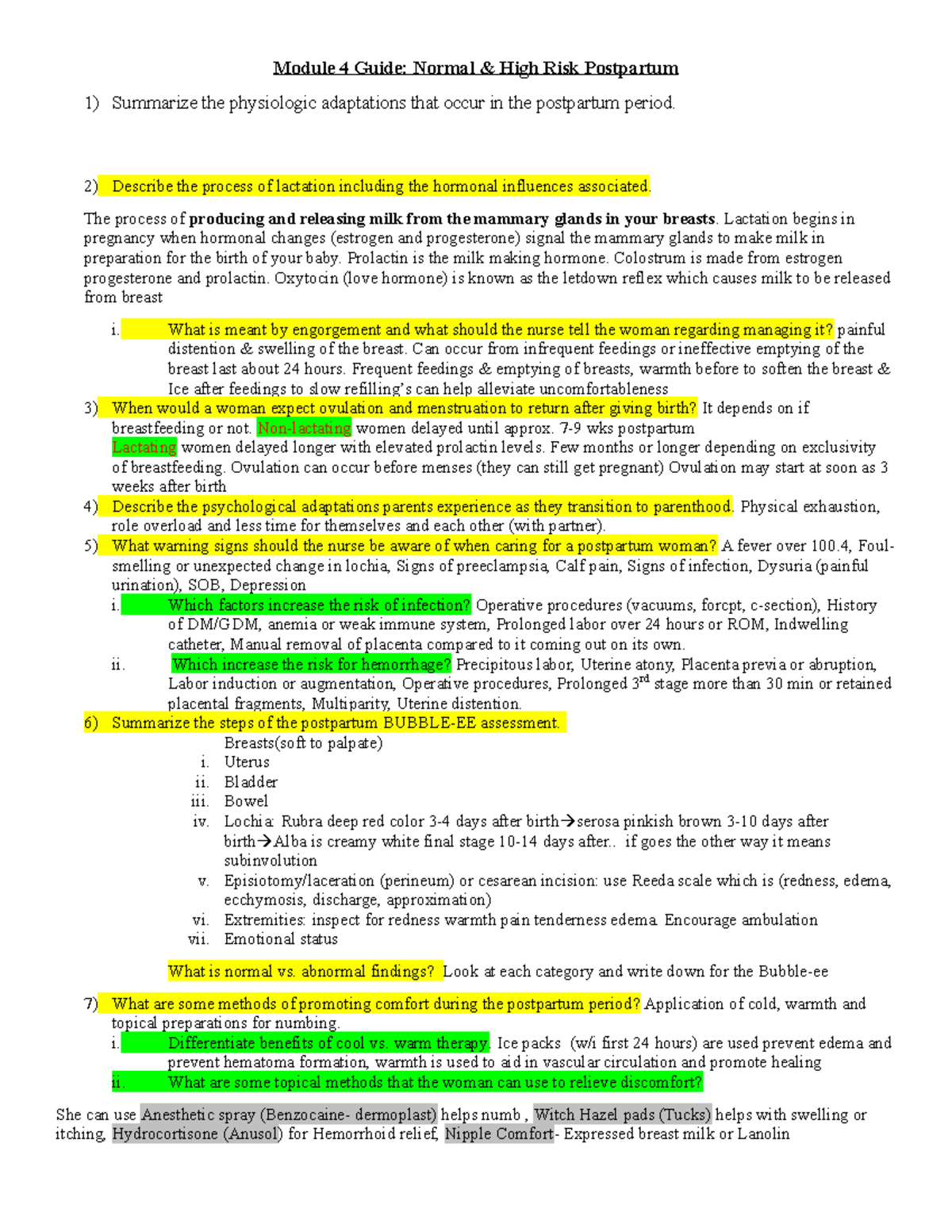 Module 4 Guide - postpartum study notes - Module 4 Guide: Normal & High ...