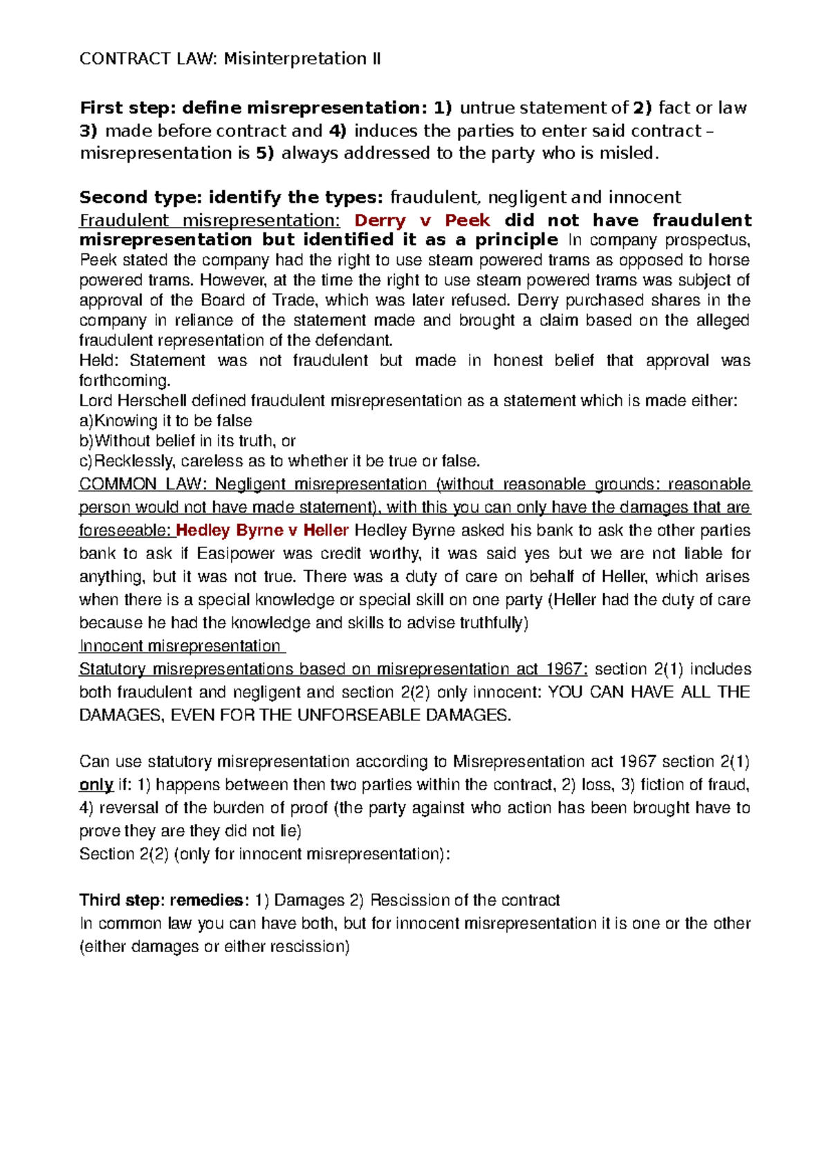 Contract Law Tutorial 7 - CONTRACT LAW: Misinterpretation II First step ...