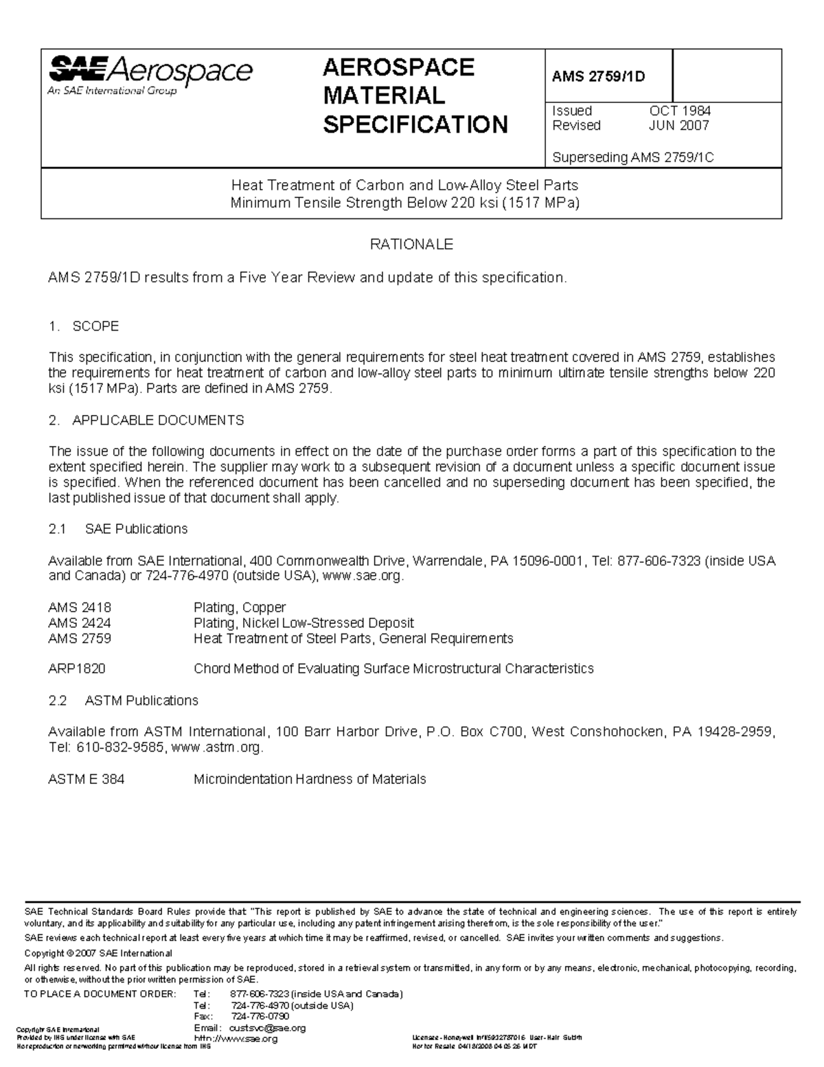AMS-2759-1D Heat treatment of carbon and low alloy steel parts minimum tensile strength below ...