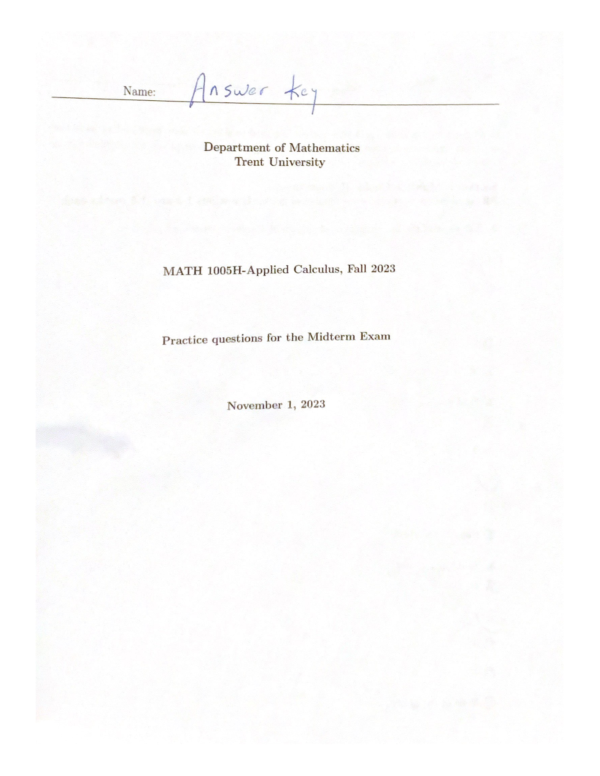 Practice Questions Midterm Answer Key - MATH 1005H - Studocu