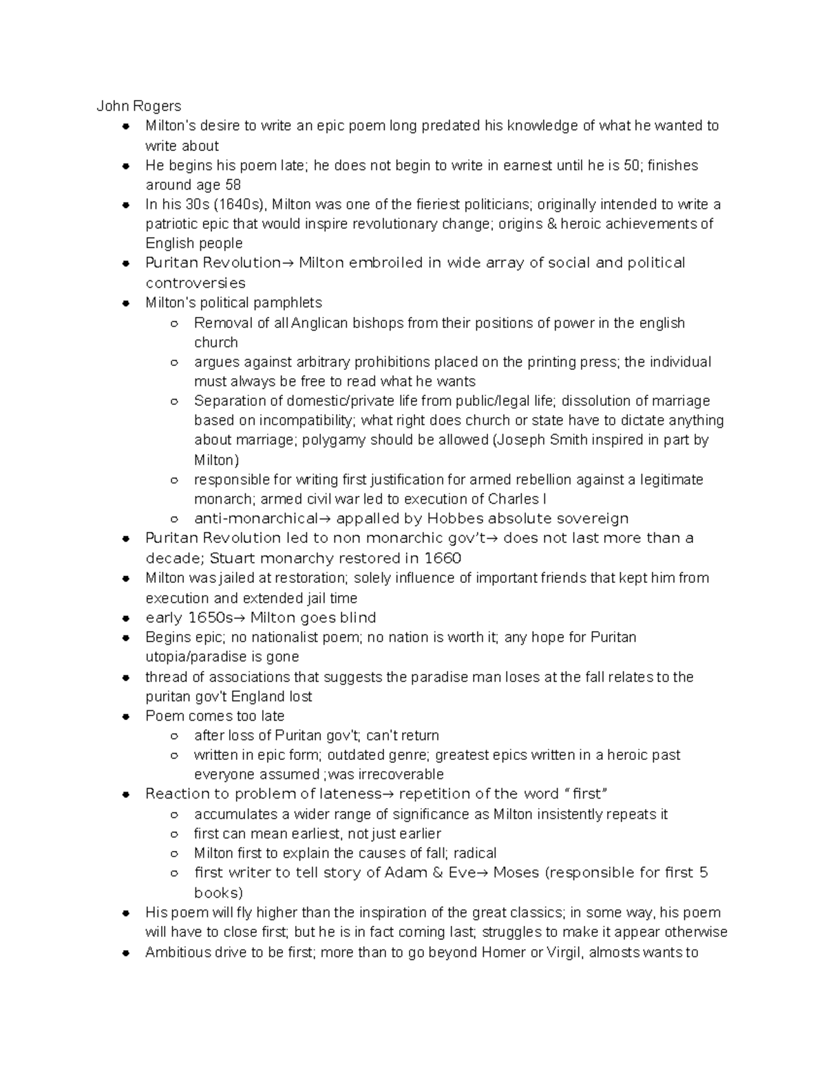 Paradise Lost Lecture - John Rogers Milton’s desire to write an epic ...