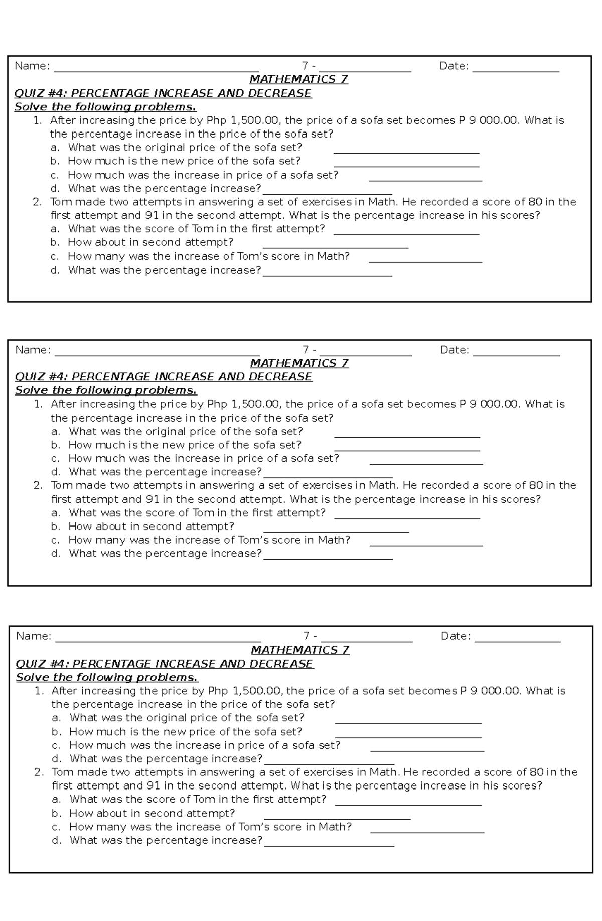 Quiz #4 - Percentage Increase and Decrease - Name: ______________________________________ 7 ...