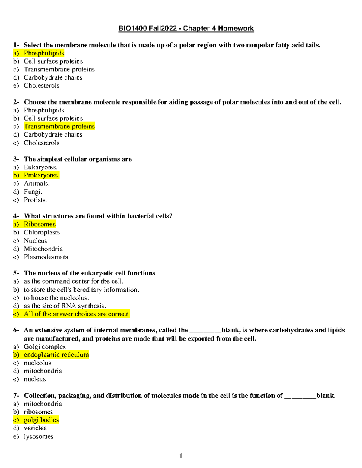 Chapter 4 Homework Answer Key - 1 BIO1400 Fall2022 - Chapter 4 Homework ...
